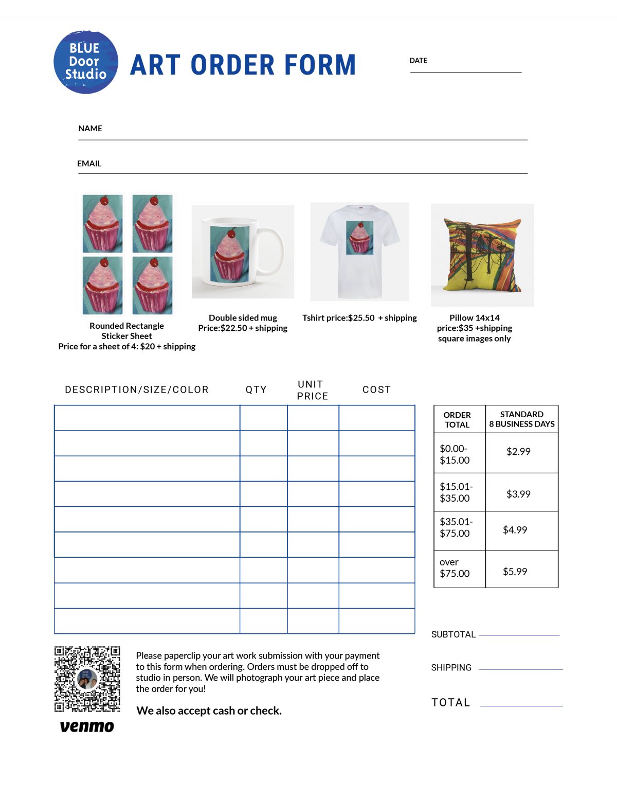 Student Artist Merchandise Order Form Blue Door Art Studio In