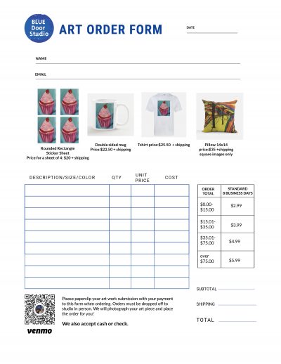 Student Artist Merchandise Order Form | Blue Door Art Studio in Cranston and Lincoln RI